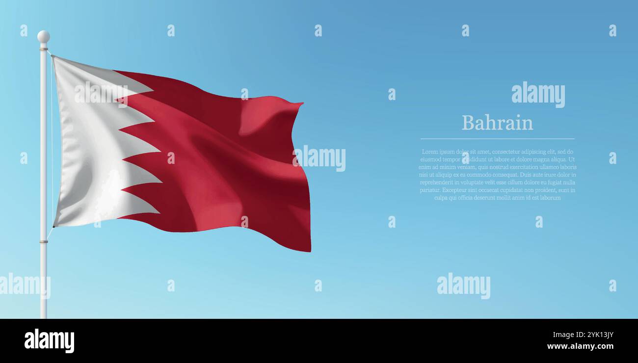 Waving flag of Bahrain on a pole with a blue sky backdrop with ...