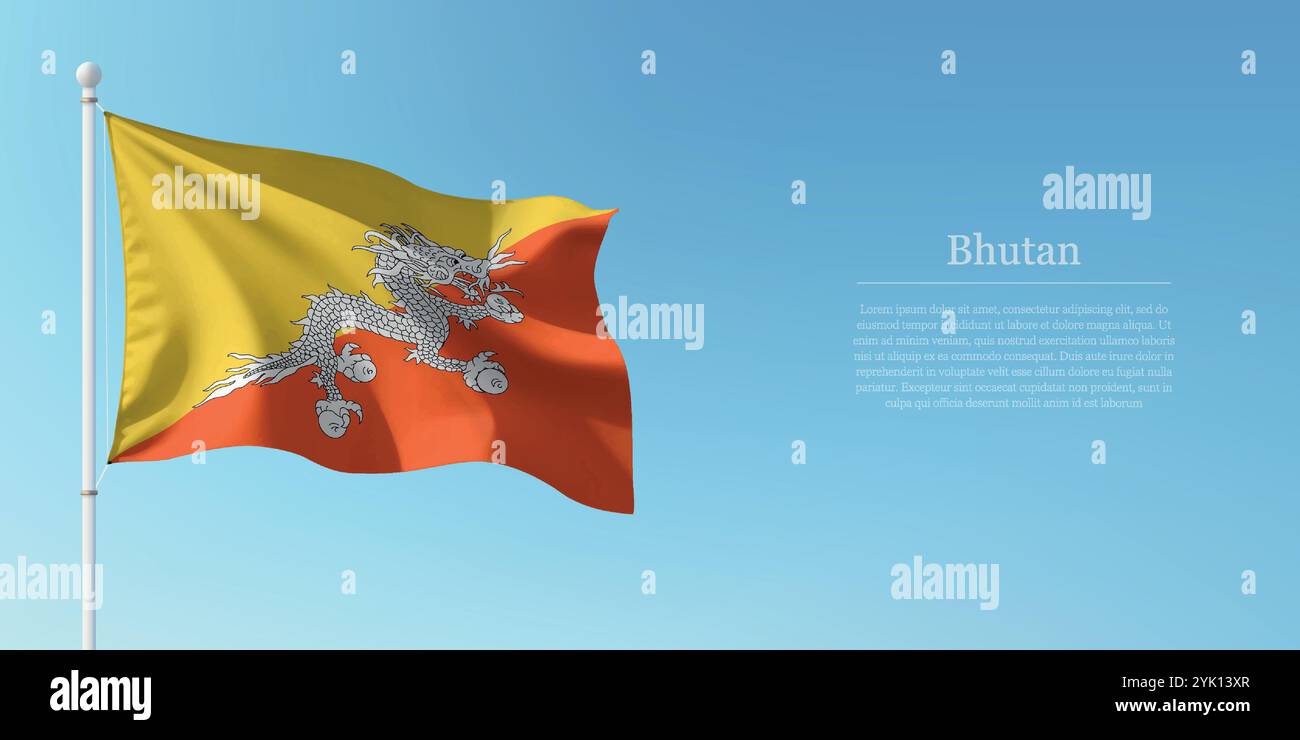 Waving flag of Bhutan on a pole with a blue sky backdrop with copyspace ...