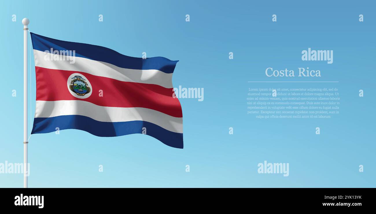 Waving flag of Costa Rica on a pole with a blue sky backdrop with ...