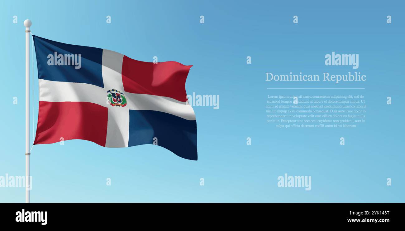 Waving flag of Dominican Republic on a pole with a blue sky backdrop ...