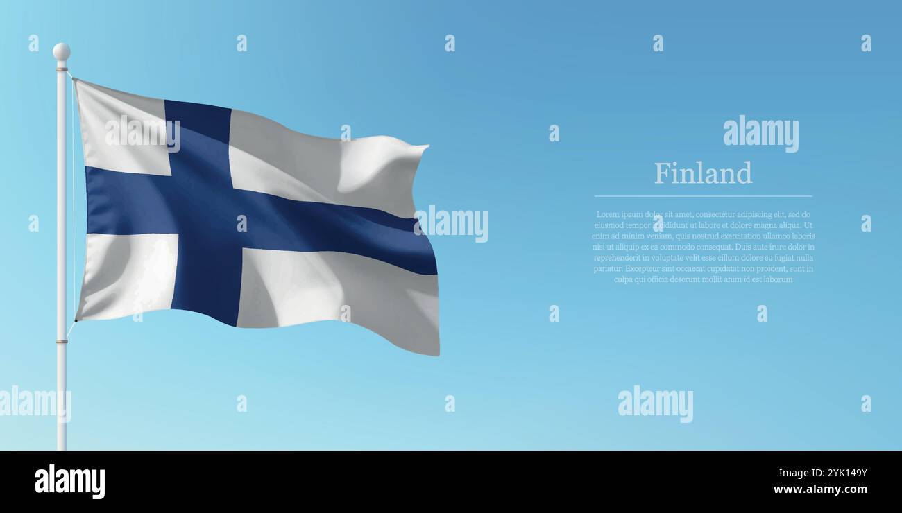 Waving flag of Finland on a pole with a blue sky backdrop with ...