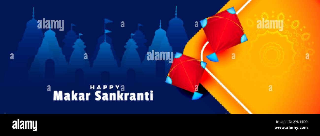 happy makar sankranti kites and temples banner design Stock Vector ...