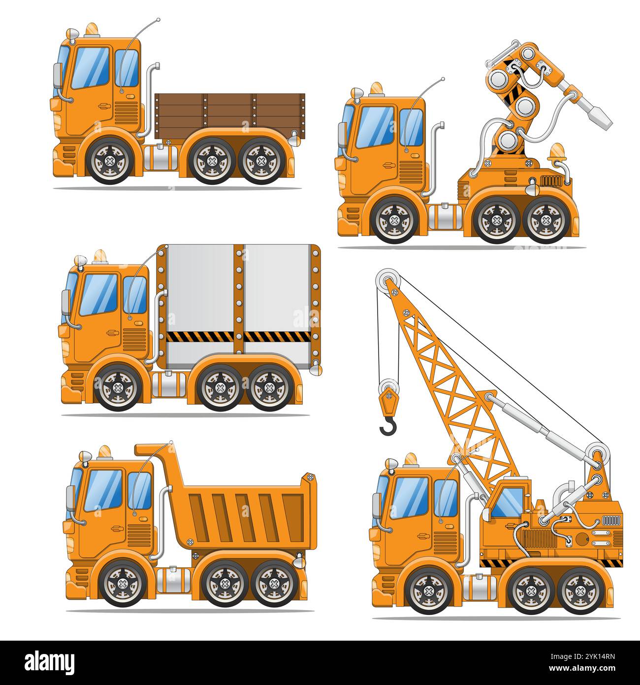 Set of cars for construction. Side view. Isolated on white background ...