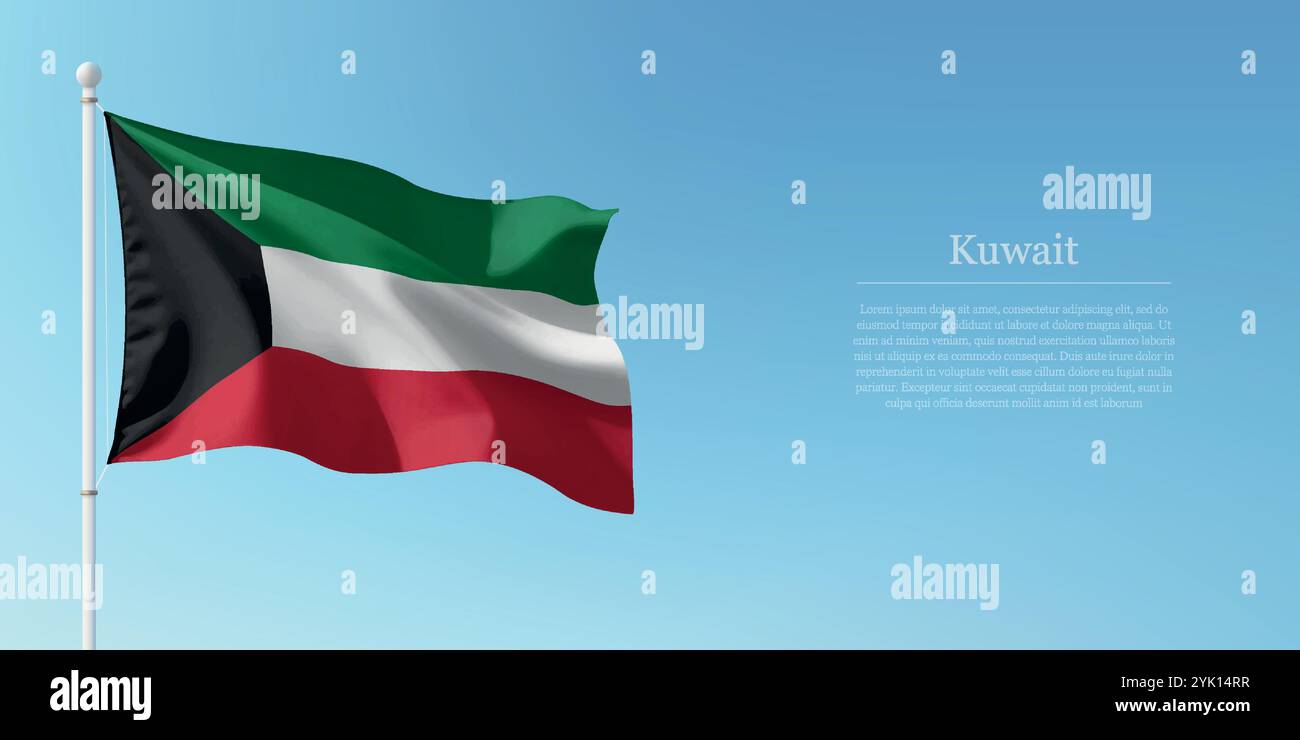 Waving flag of Kuwait on a pole with a blue sky backdrop with copyspace ...
