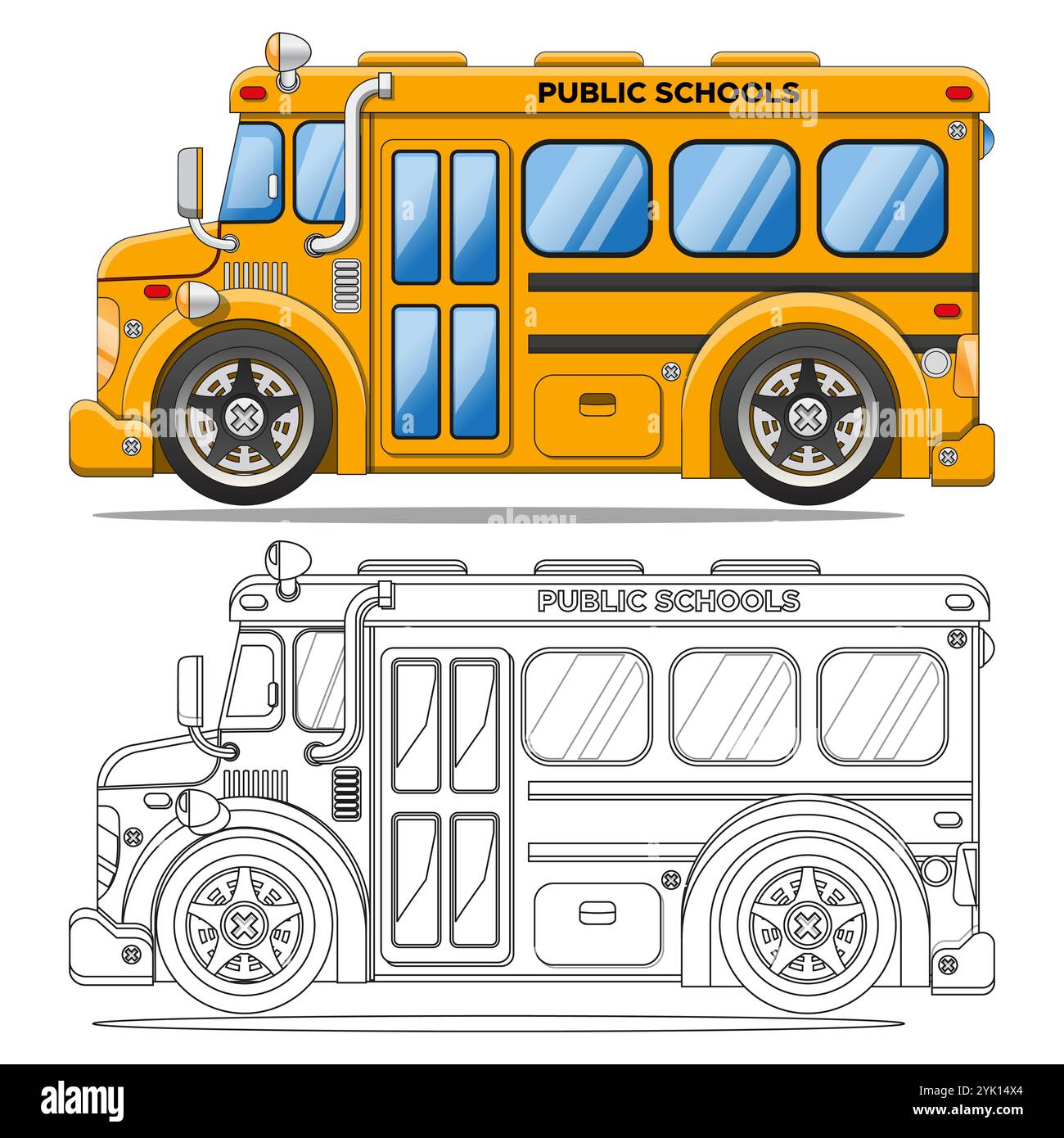 School Bus Side View Drawing Vector Cartoon Yellow School Bus Side