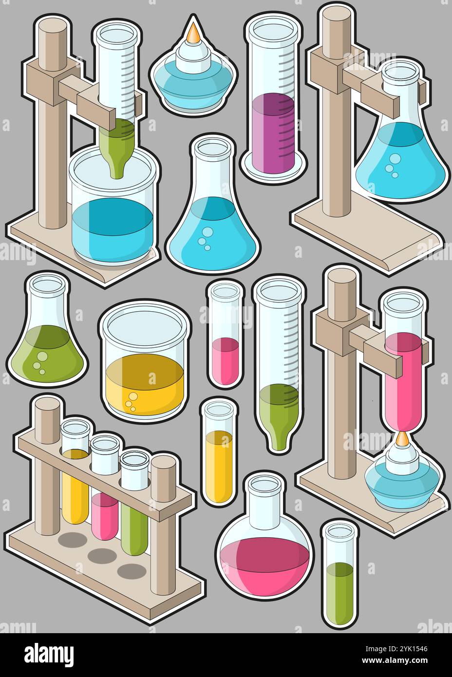 Set of stickers with chemical equipment. Isometric. Isolated on gray ...