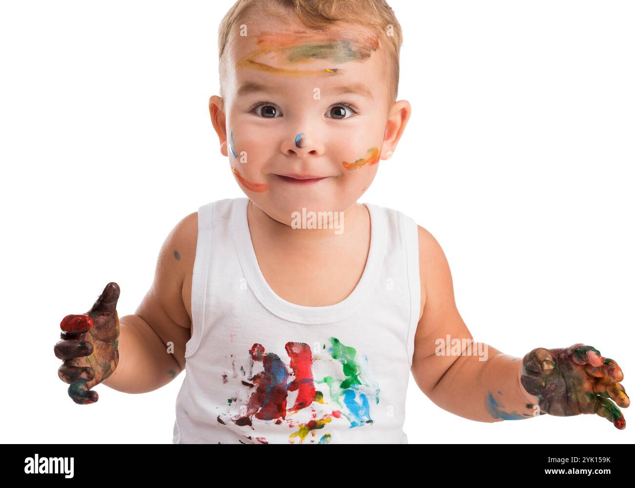excited little boy with painted face and isolated on a white background ...