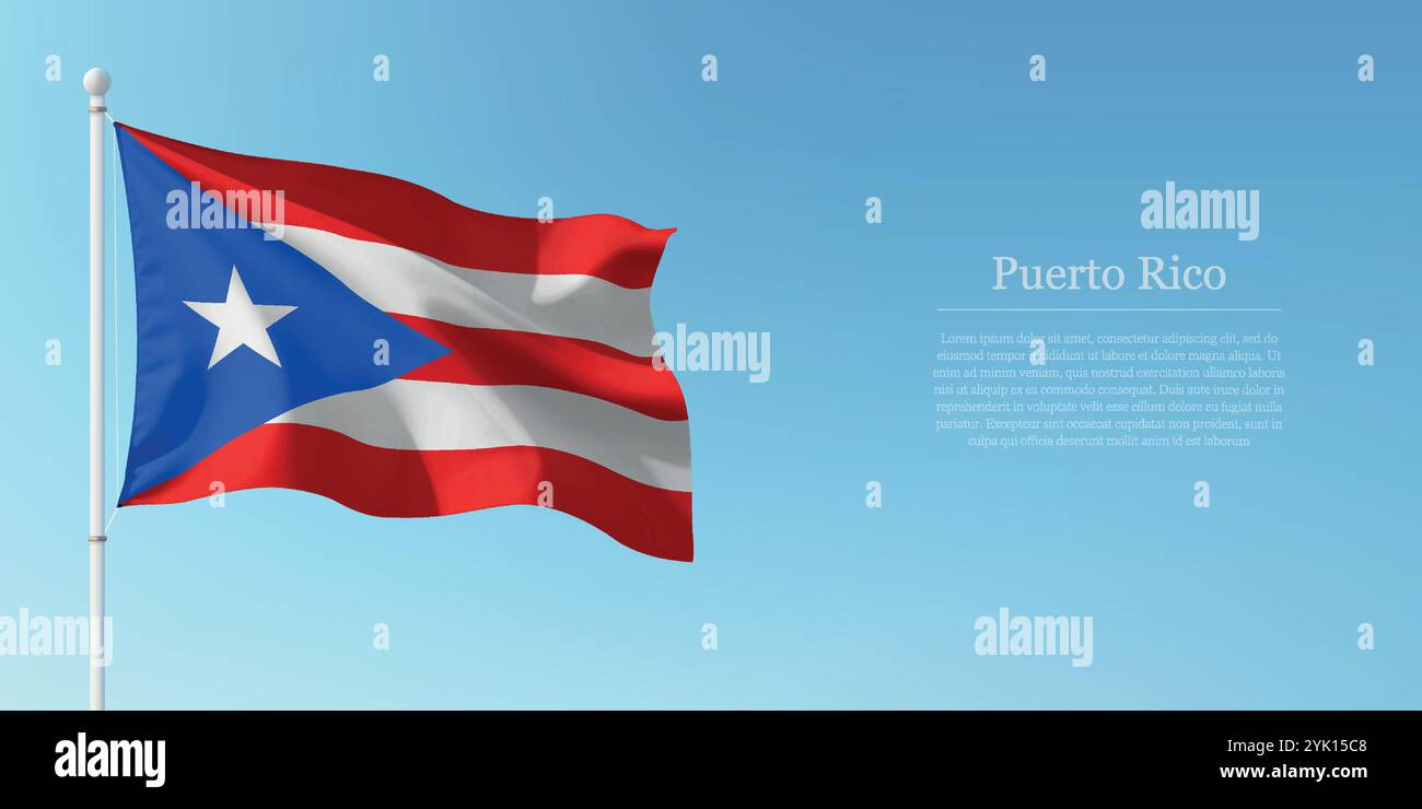 Waving flag of Puerto Rico on a pole with a blue sky backdrop with ...