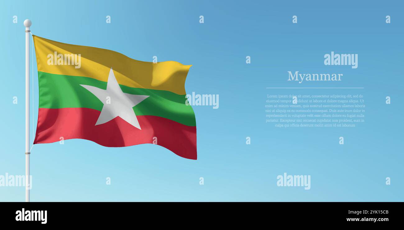 Waving flag of Myanmar on a pole with a blue sky backdrop with ...