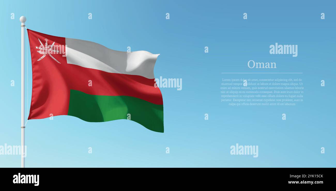 Waving flag of Oman on a pole with a blue sky backdrop with copyspace ...