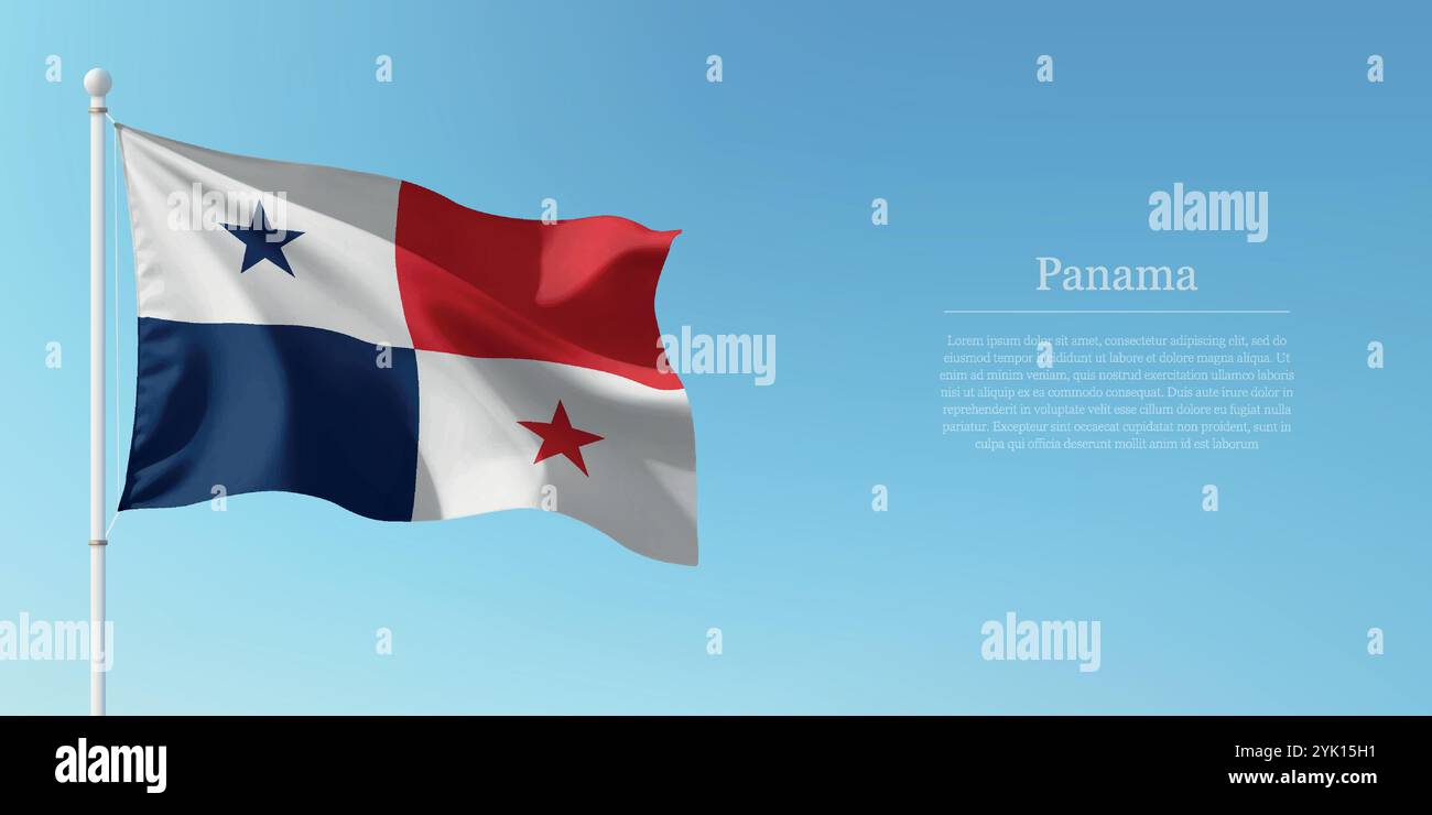 Waving flag of Panama on a pole with a blue sky backdrop with copyspace ...