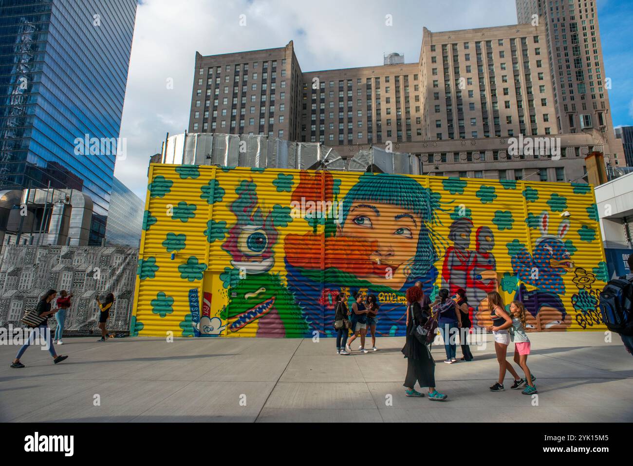 Graffiti mural art installation in downtown near Oculus, the ...