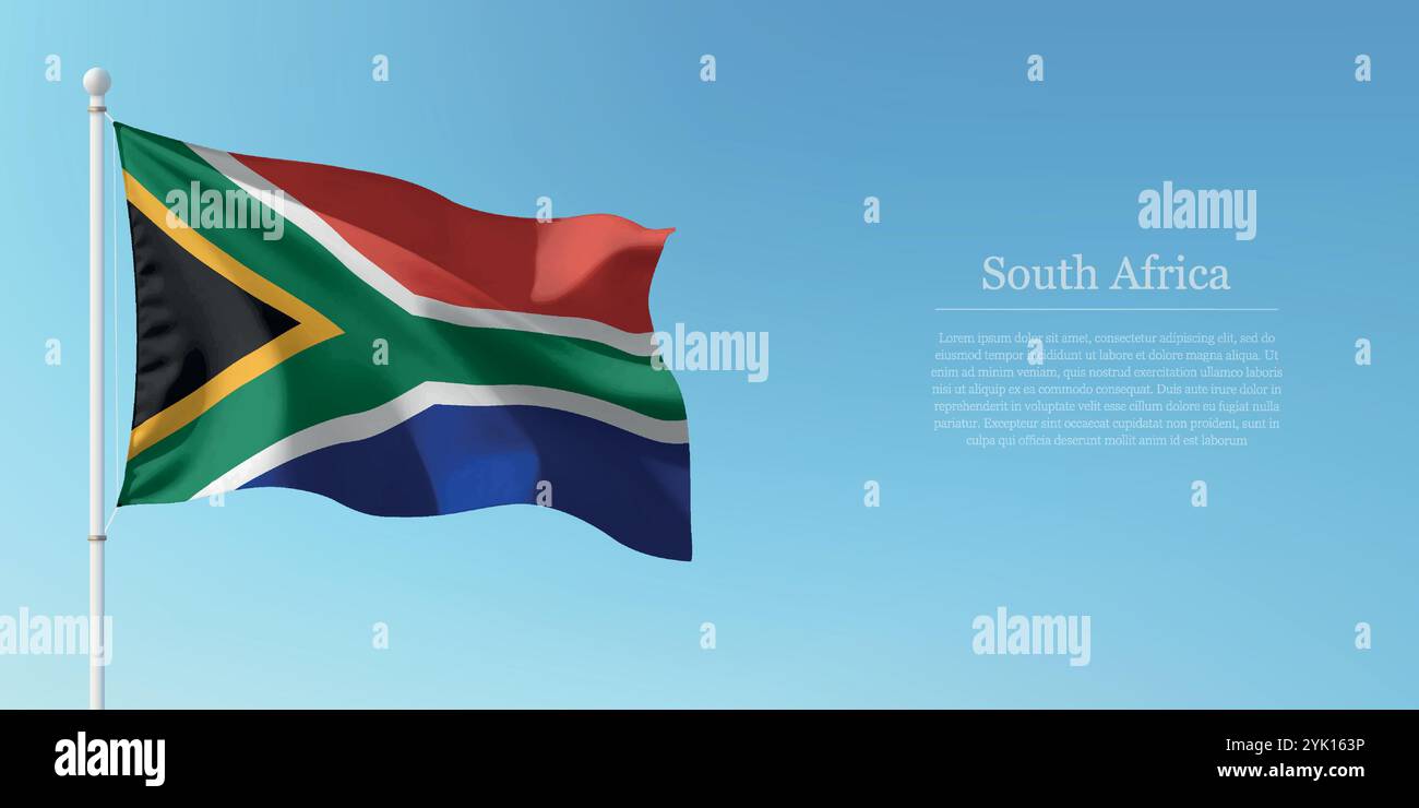 Waving flag of South Africa on a pole with a blue sky backdrop with copyspace Stock Vector Image ...