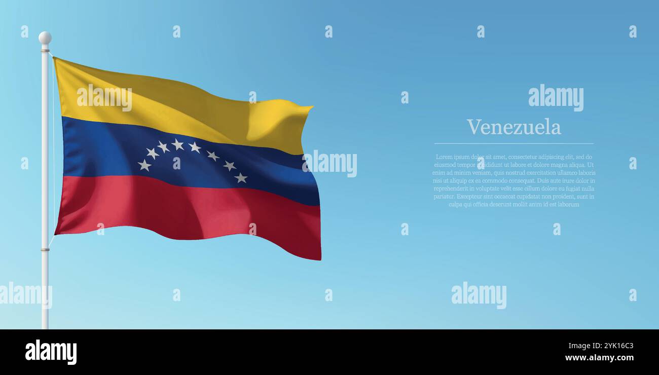 Waving flag of Venezuela on a pole with a blue sky backdrop with ...