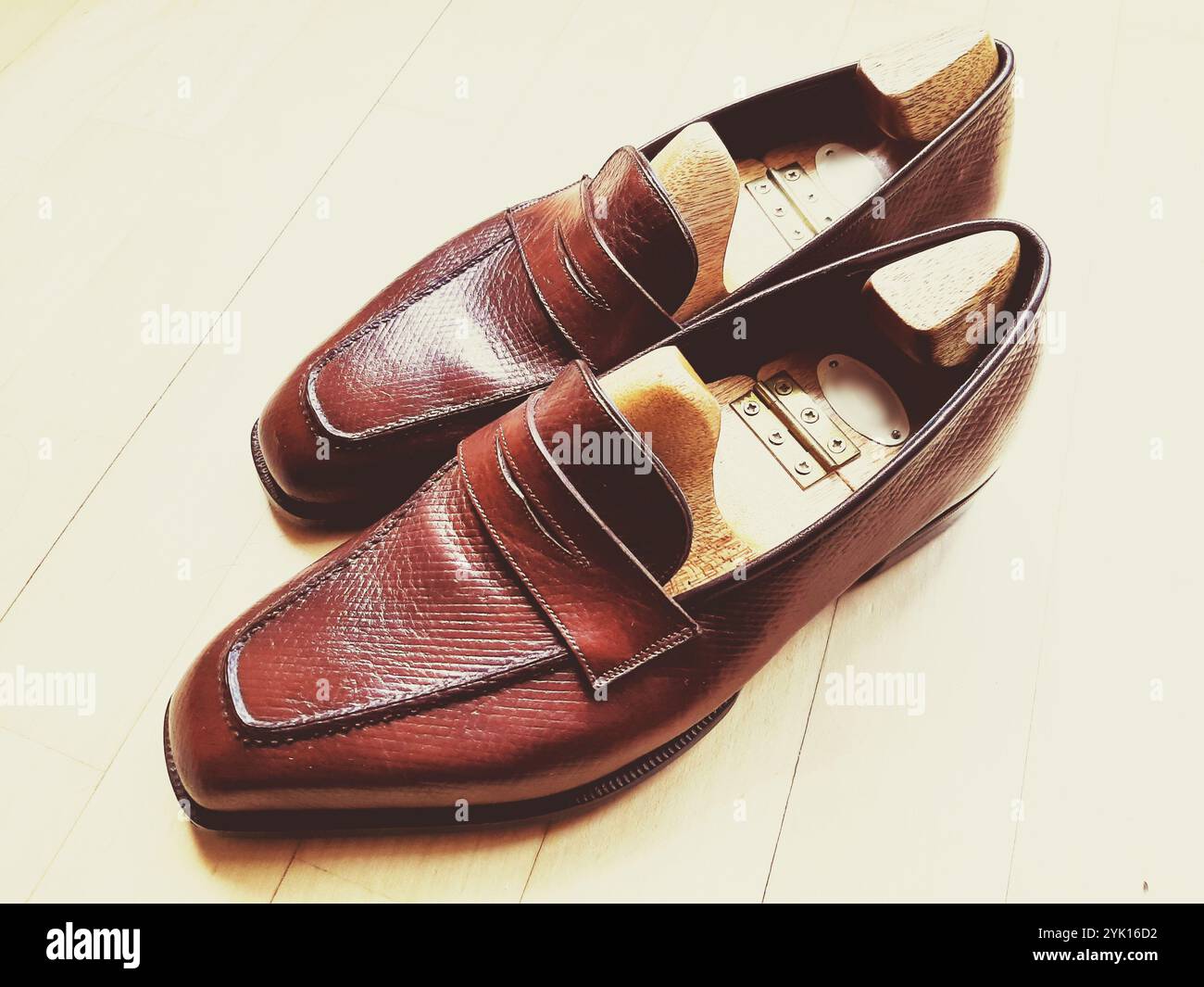 Handmade brown penny loafer shoes. Russian reindeer leather Stock Photo ...
