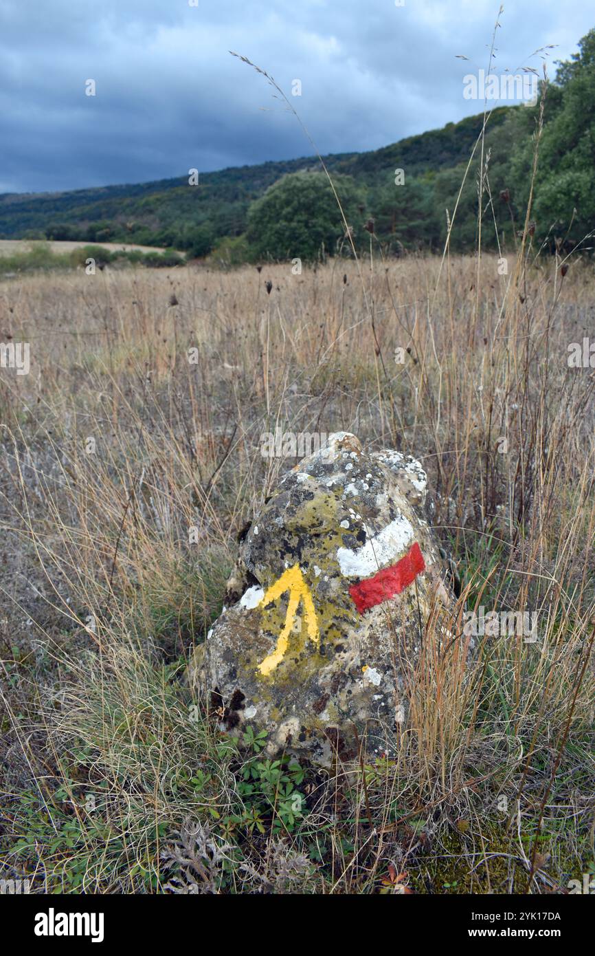 Red and white sign of the GR footpaths and yellow arrow of Camino de ...