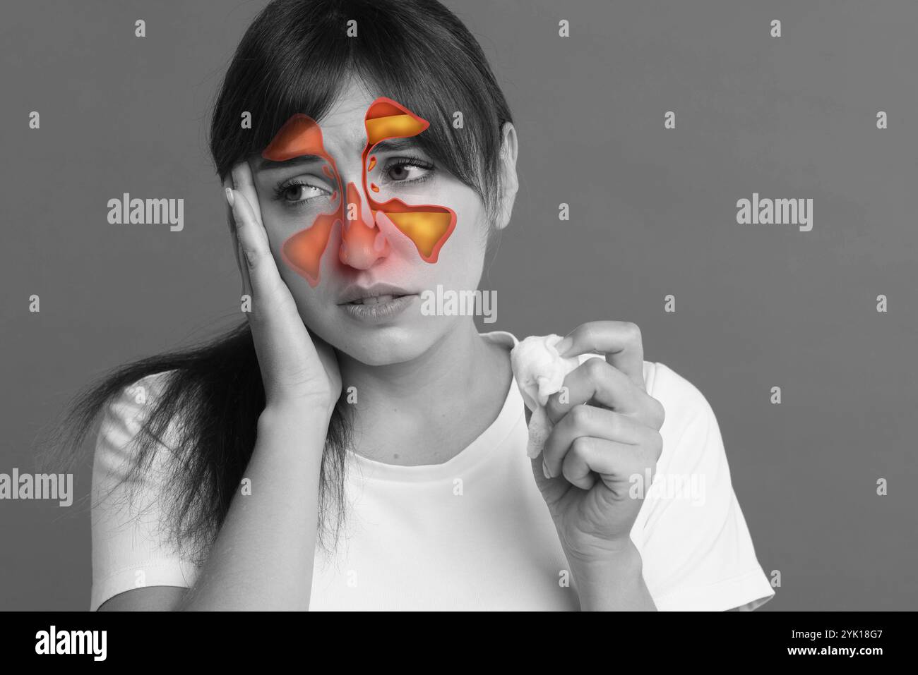 Woman suffering from sinusitis, black and white effect. Illustration on ...