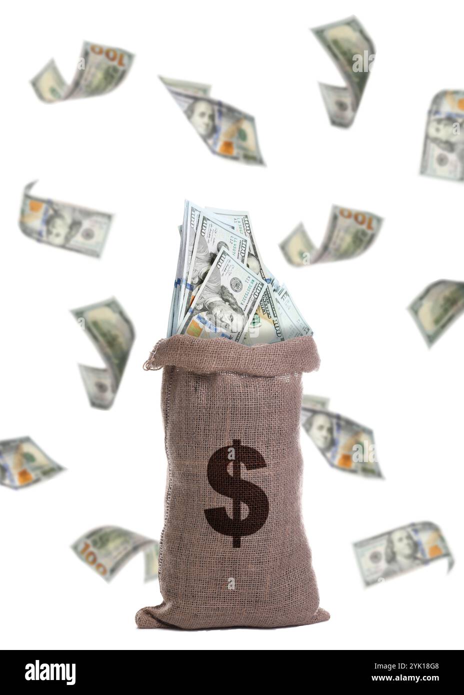 Dollar bills flying around burlap sack with currency symbol on white ...