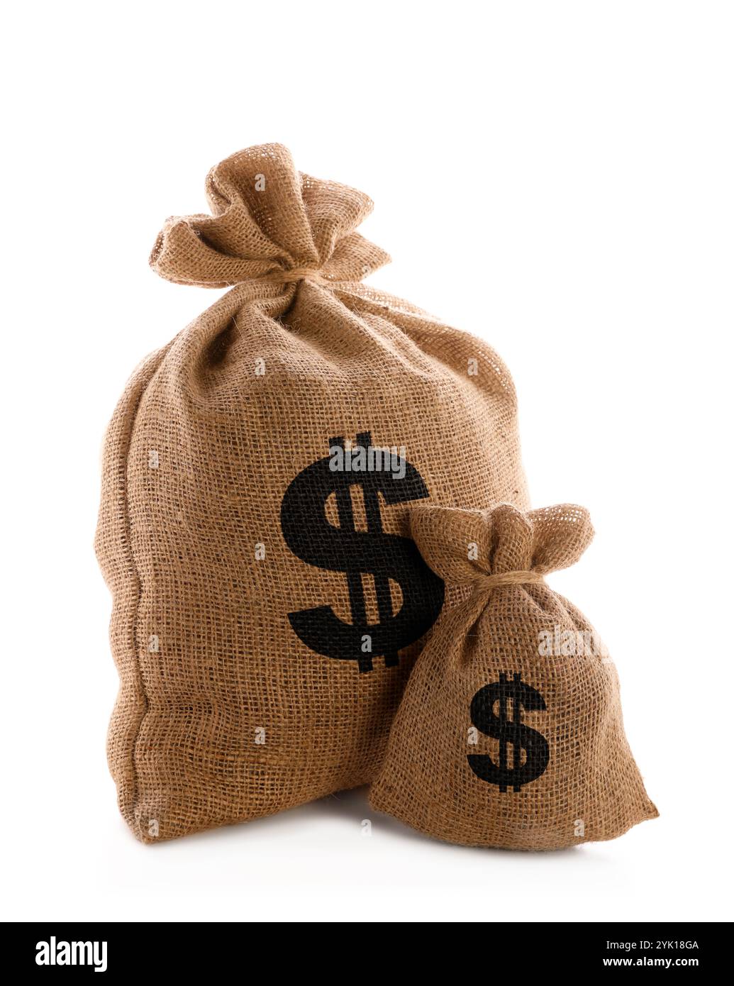 Dollar signs on burlap sacks, white background Stock Photo - Alamy