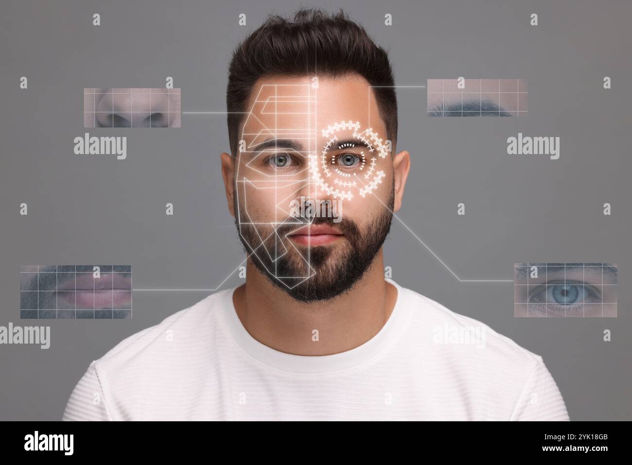 Facial and iris recognition system. Man undergoing biometric ...