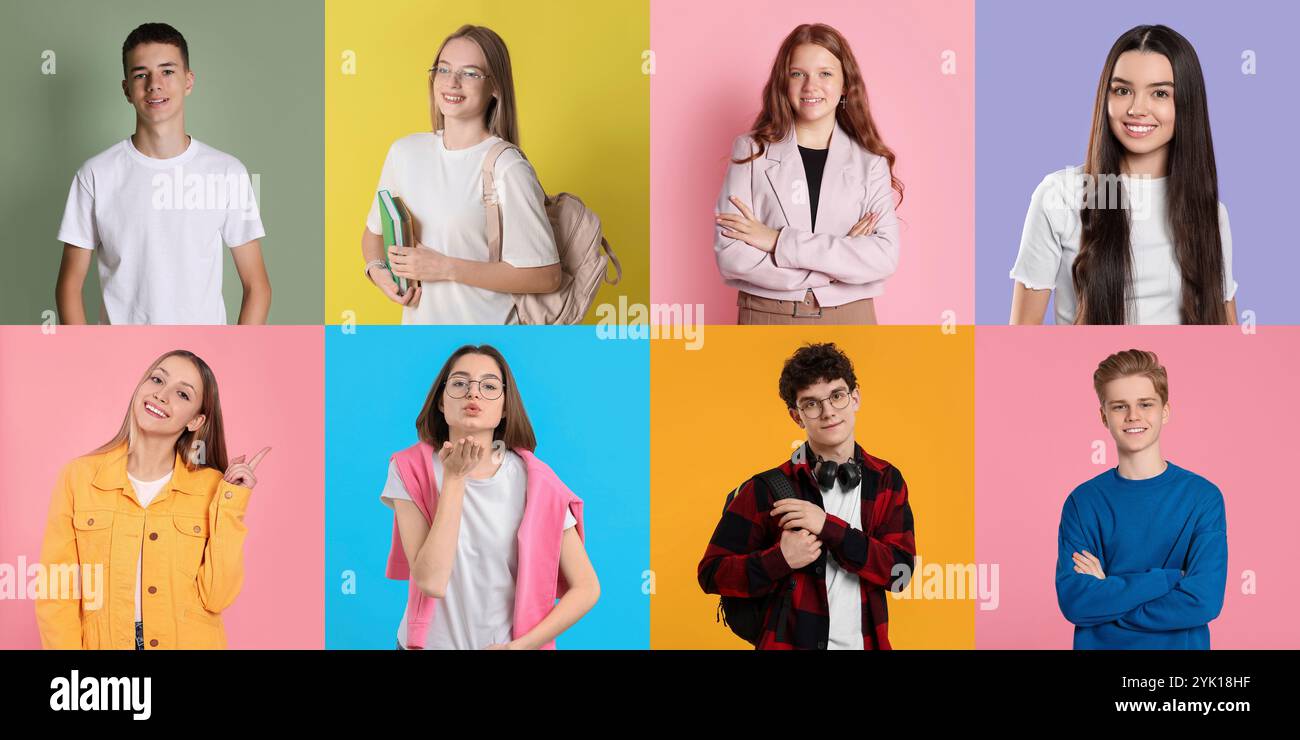 Teenagers on different colors backgrounds. Collection of portraits ...