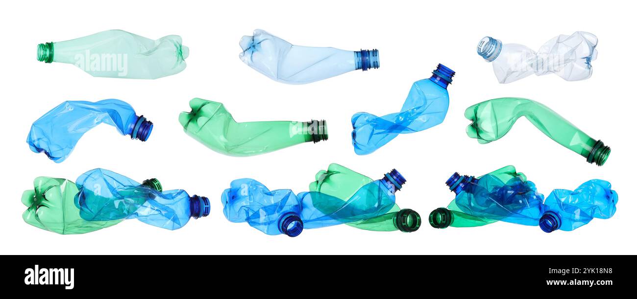 Many crumpled plastic bottles on white background, collage Stock Photo ...