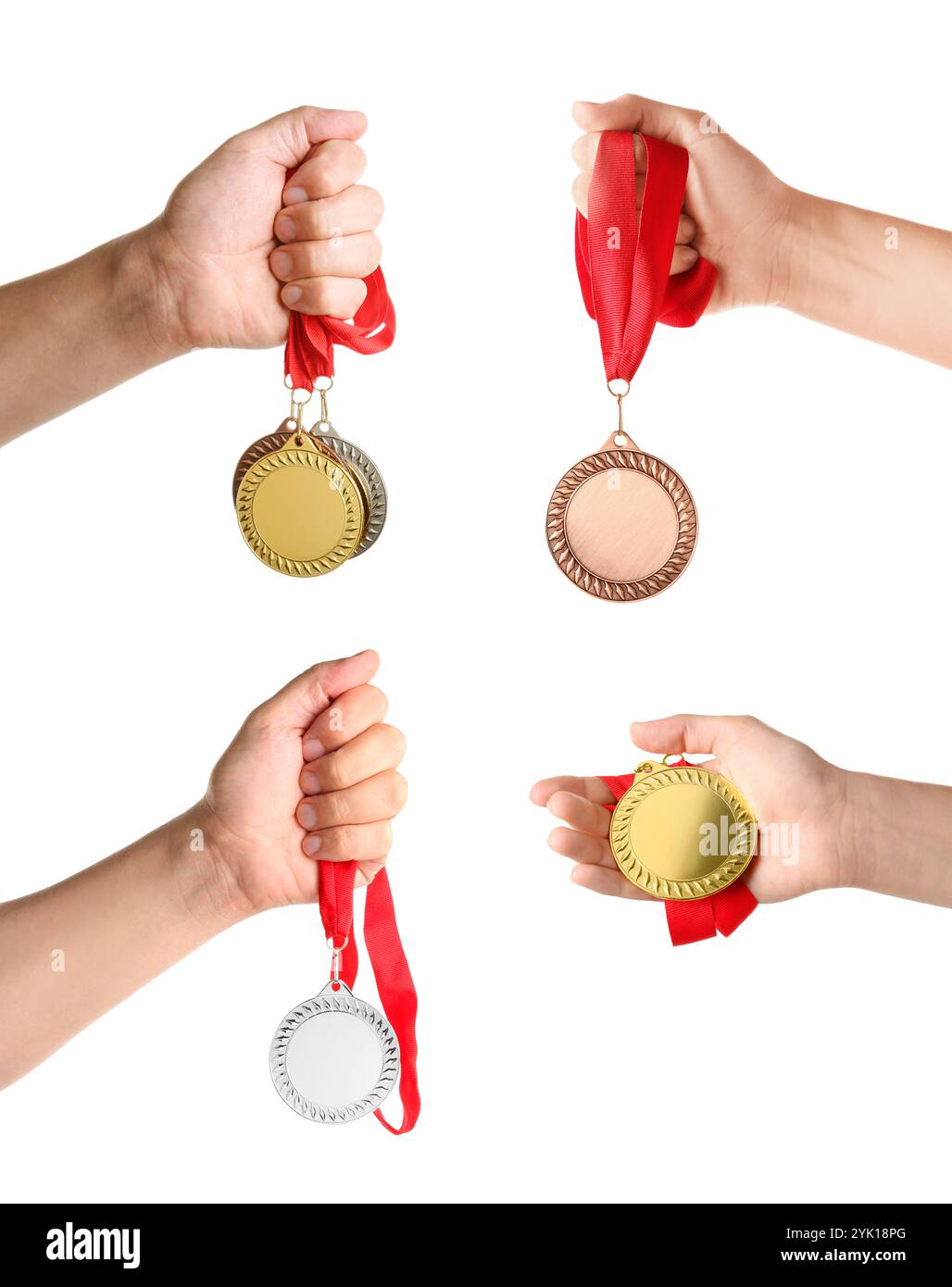 People holding gold, silver and bronze medals on white background ...
