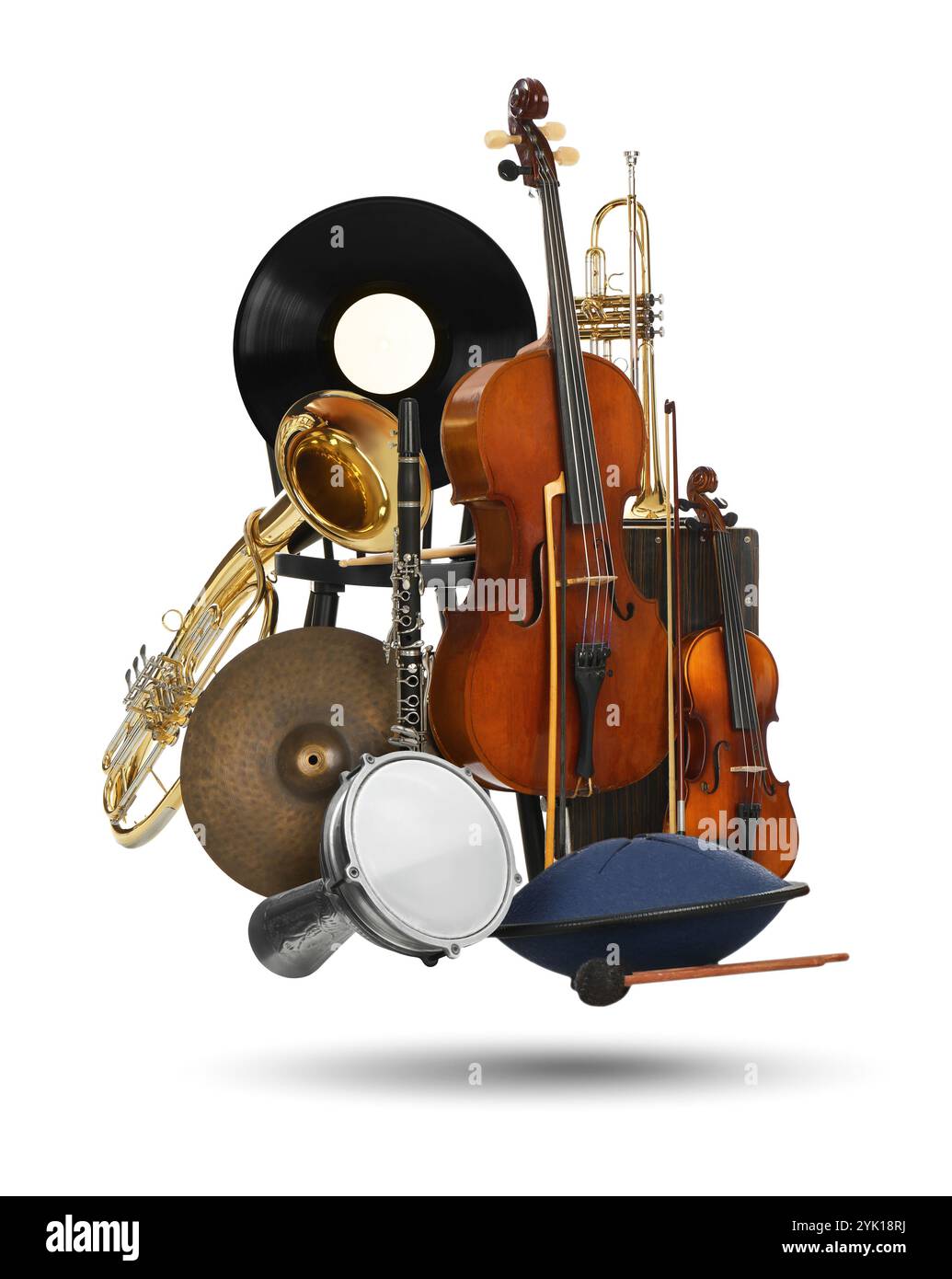 Different musical instruments in air on white Stock Photo - Alamy