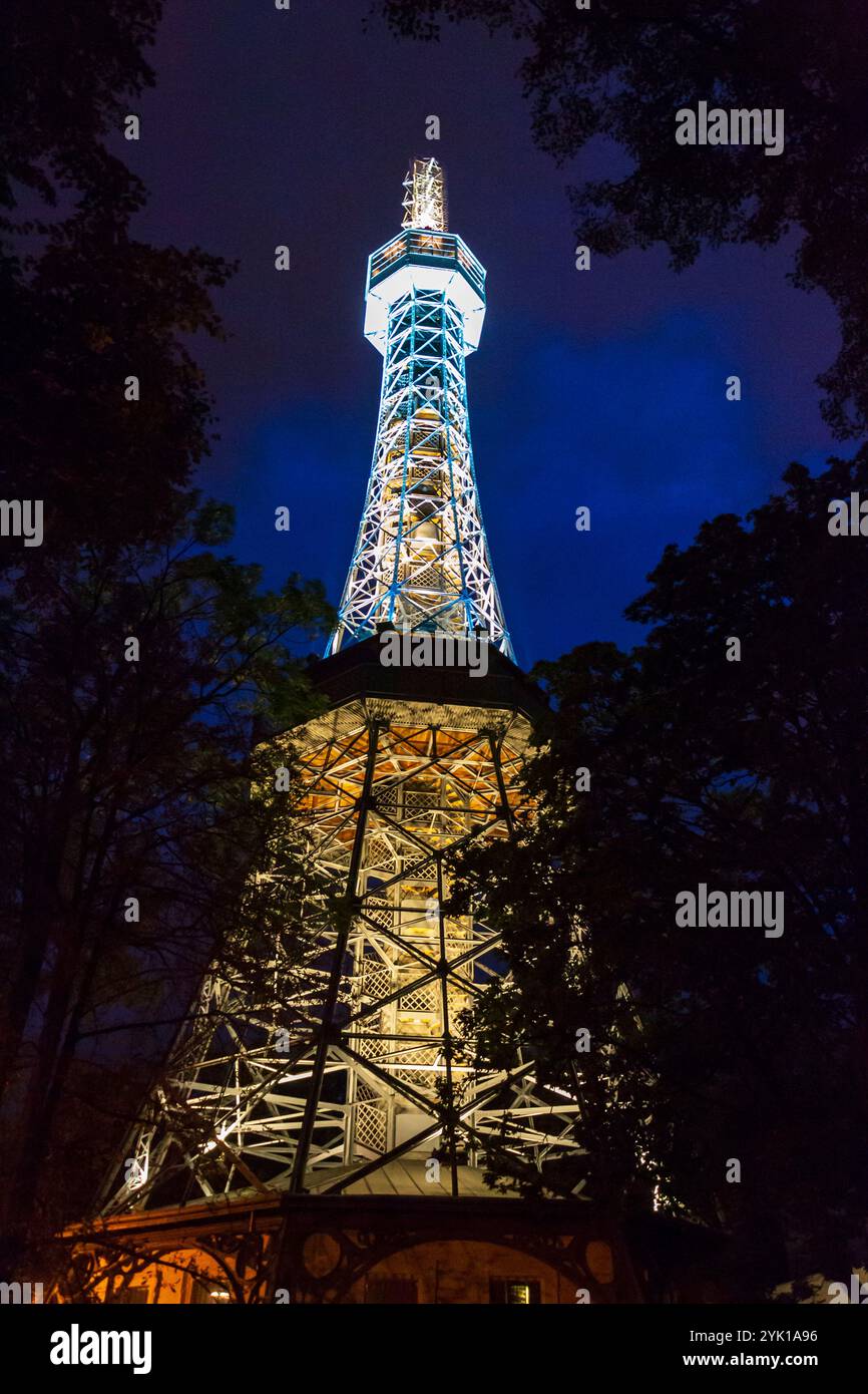 Petrin lookout tower exterior at night, steel framework observation ...