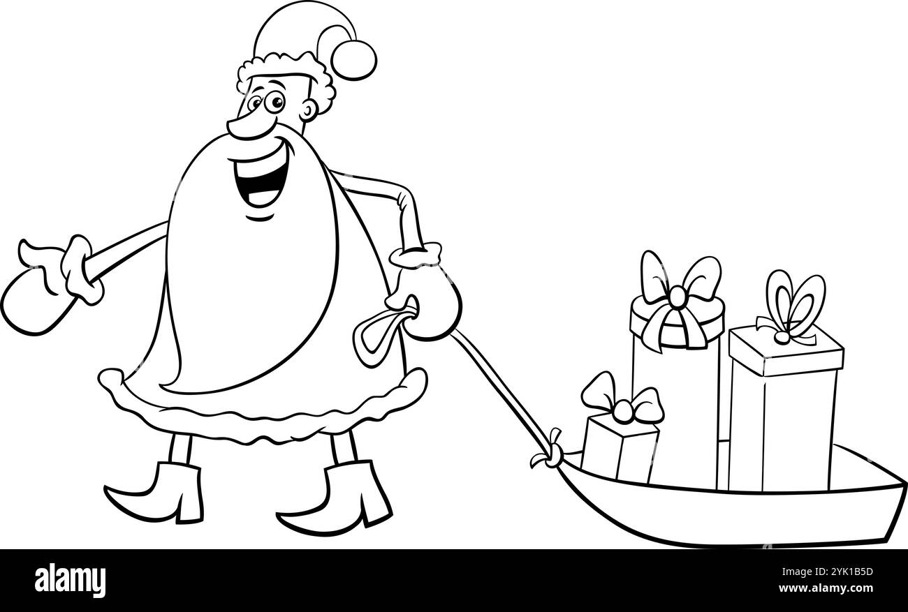 Cartoon illustration of Santa Claus with presents on the sledge on ...