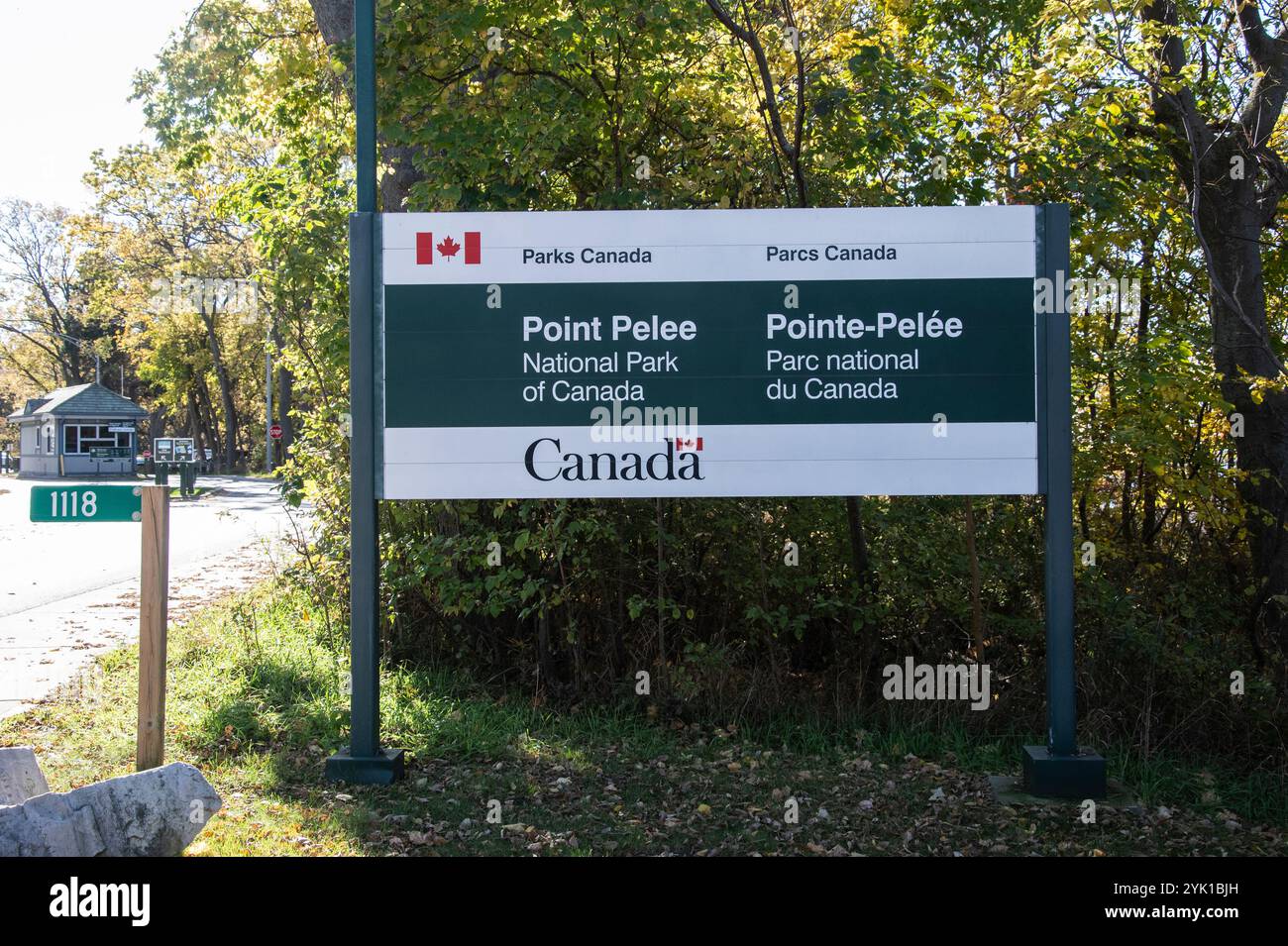 Parks Canada Point Pelee National Park sign at the park entrance in Leamington, Ontario, Canada ...