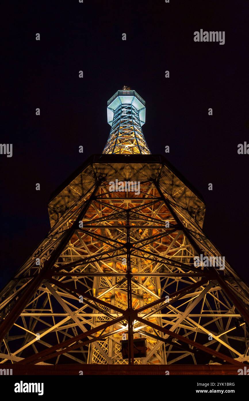 Petrin lookout tower exterior at night, steel framework observation ...