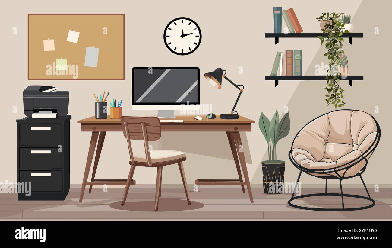 Cozy home office interior with desktop computer Stock Vector Image ...