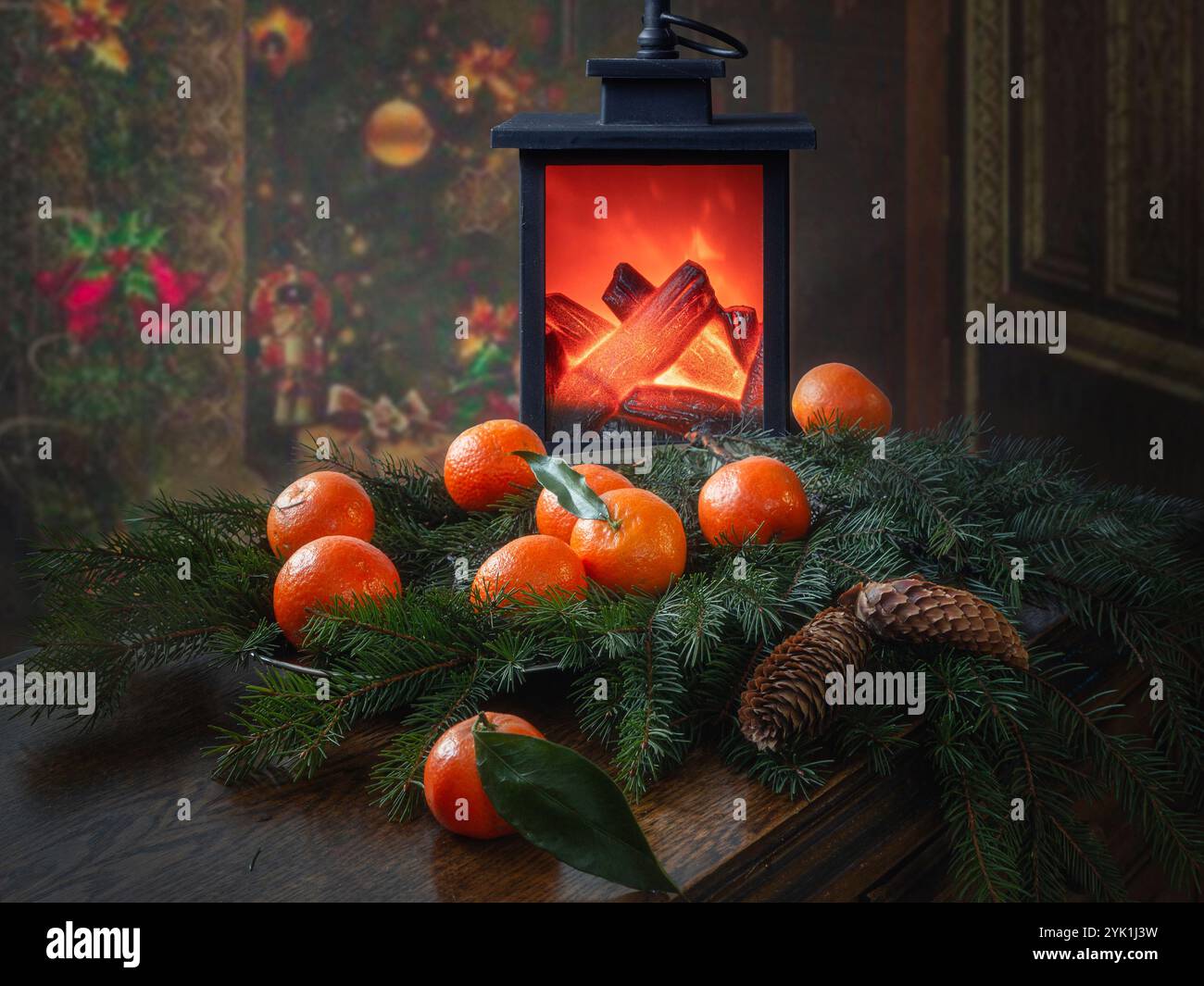 Christmas still life with fireplace and decorations Stock Photo - Alamy