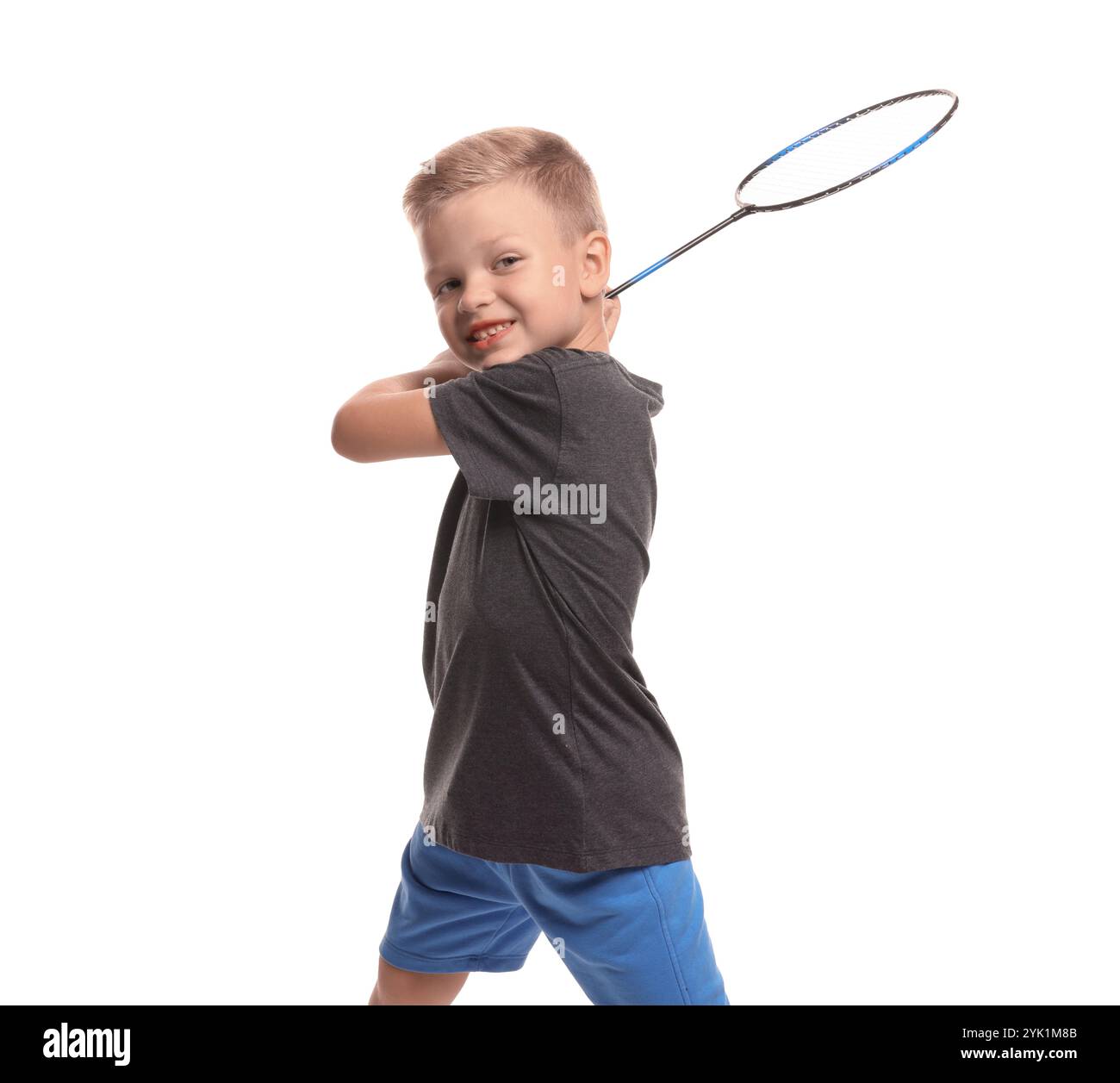 Little boy with badminton racket on white background Stock Photo - Alamy