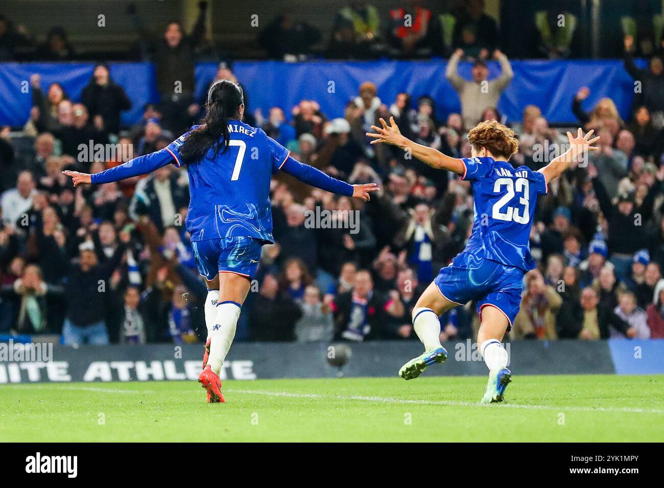 Myra Ramirez of Chelsea Women celebrates her goal with Maika Hamano to ...