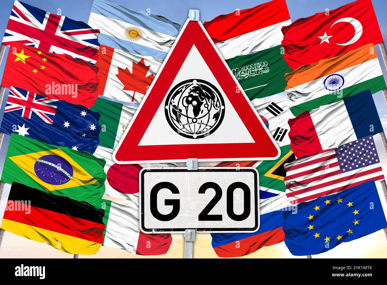 November 16, 2024: Sign with the inscription G20 and flags of the G20 ...