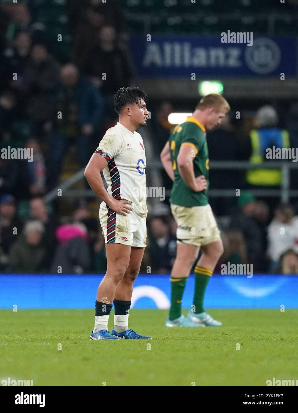 England's Marcus Smith (left) and South Africa's Pieter-Steph du Toit ...