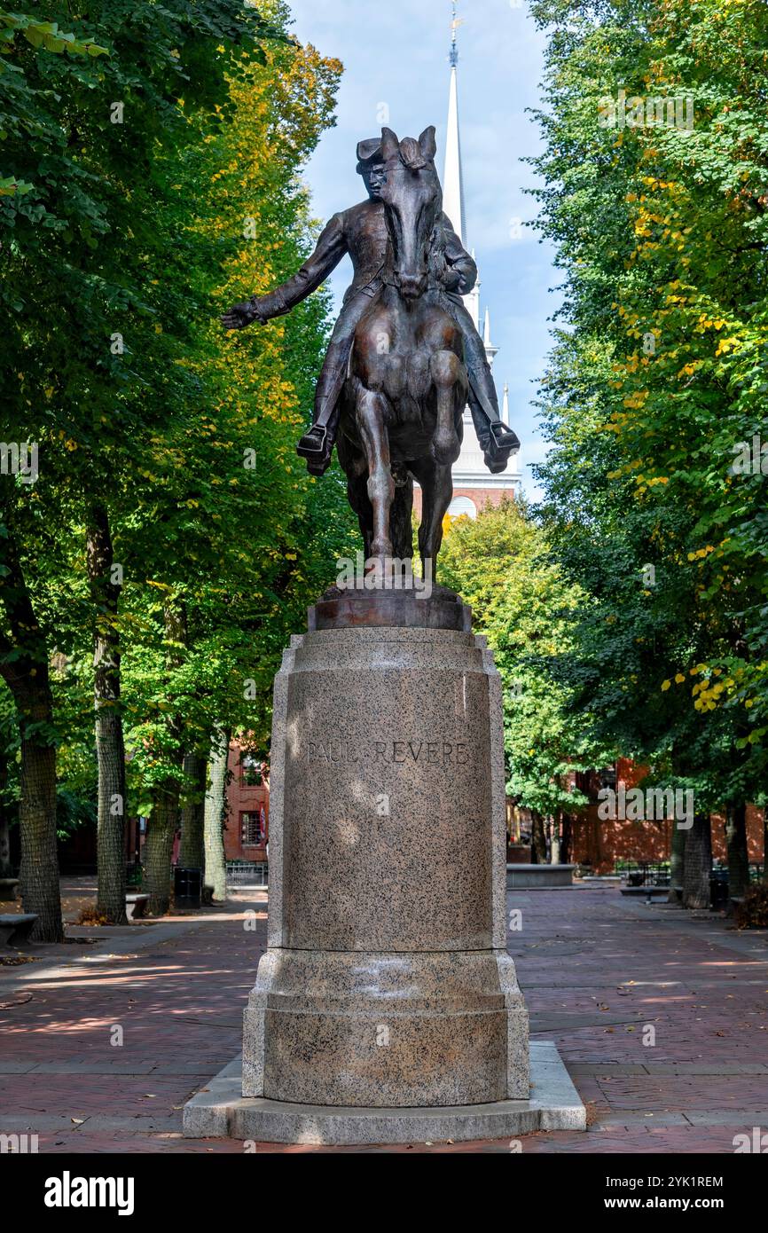 An equestrian statue of Paul Revere, installed at Paul Revere Mall near ...
