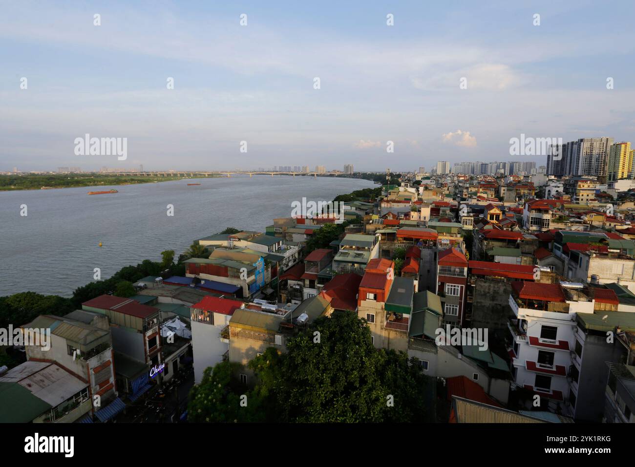 Hanoi, Vietnam - July 3, 2023: Aerial view of the Red River, also known ...