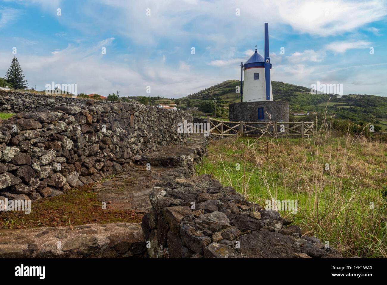 Traditional windmill in the village of Rosais, Sao Jorge, Azores Stock ...