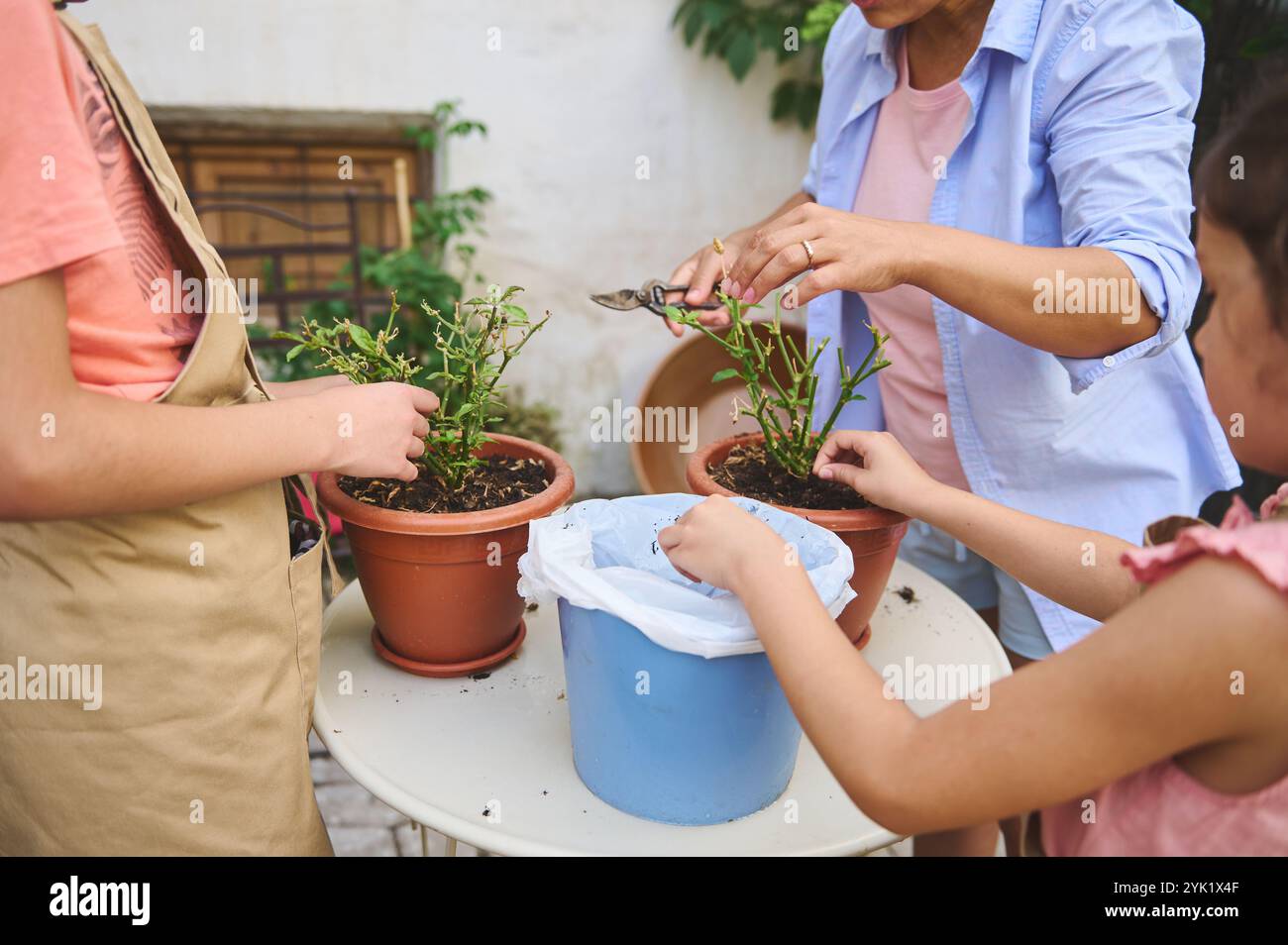 A family enjoys a gardening activity, with children assisting in planting flowers in pots. The ...