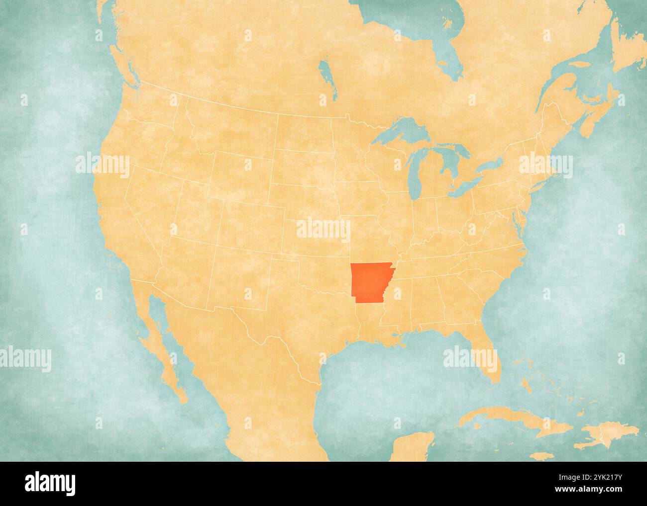 Arkansas on the map of United States of America in soft grunge and ...