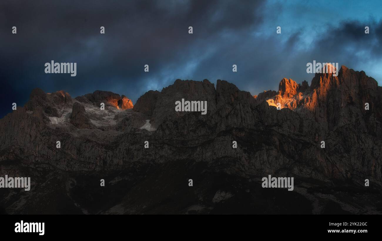 Mountain panorama in the first morning light. Mountain peaks ...