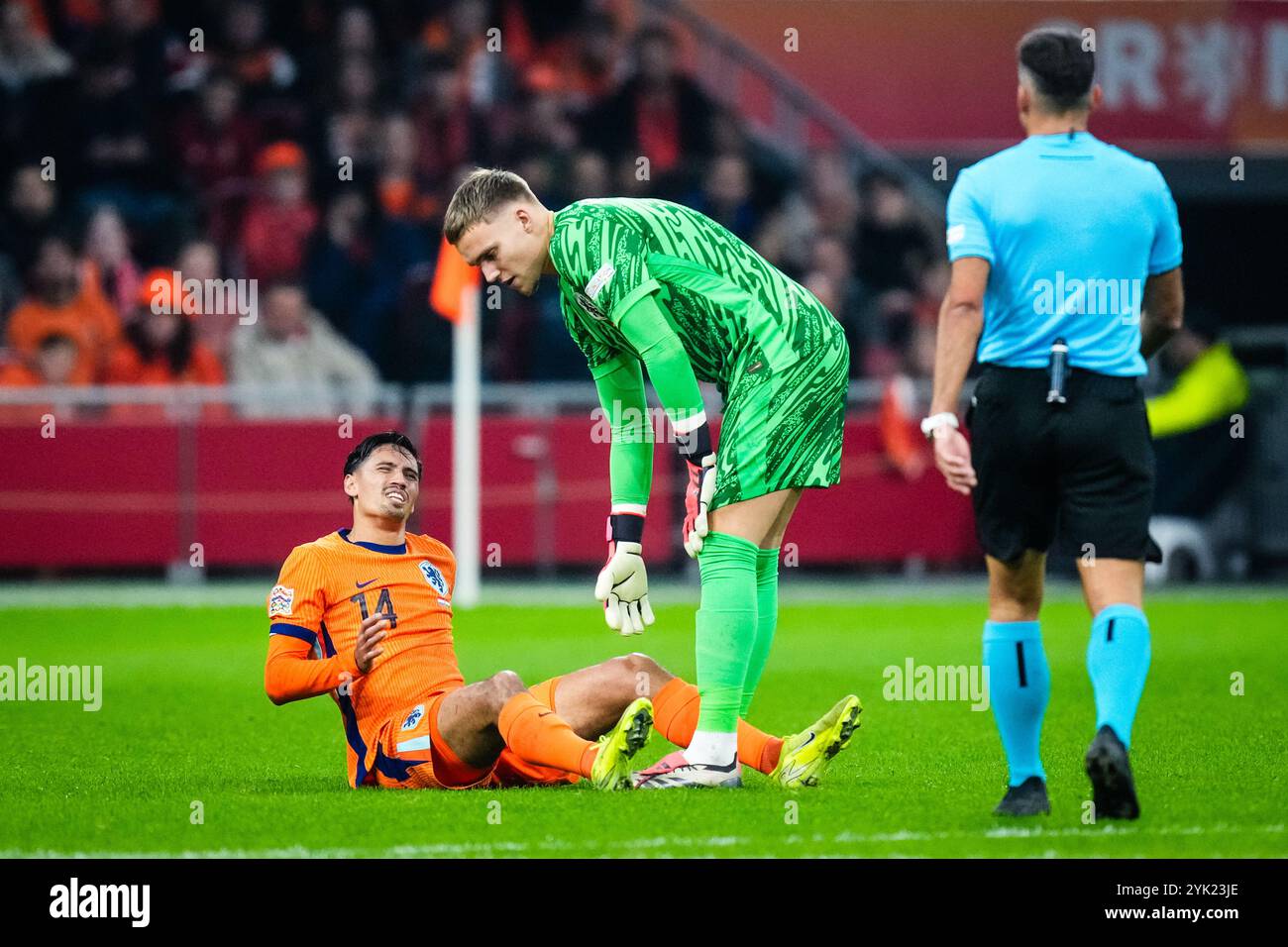 Amsterdam - Tijjani Reijnders of The Netherlands, Bart Verbruggen of ...