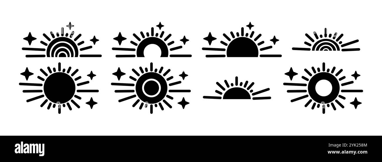 Set of Black Sun and Moon Celestial Icons with Stars and Rays ...