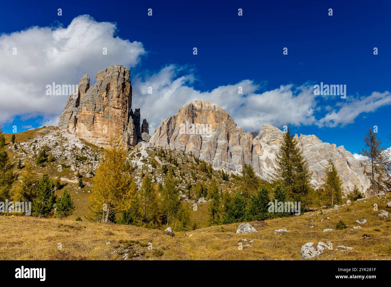 Cinque Torri mountain tower in the Dolomites group of distinctive rock ...
