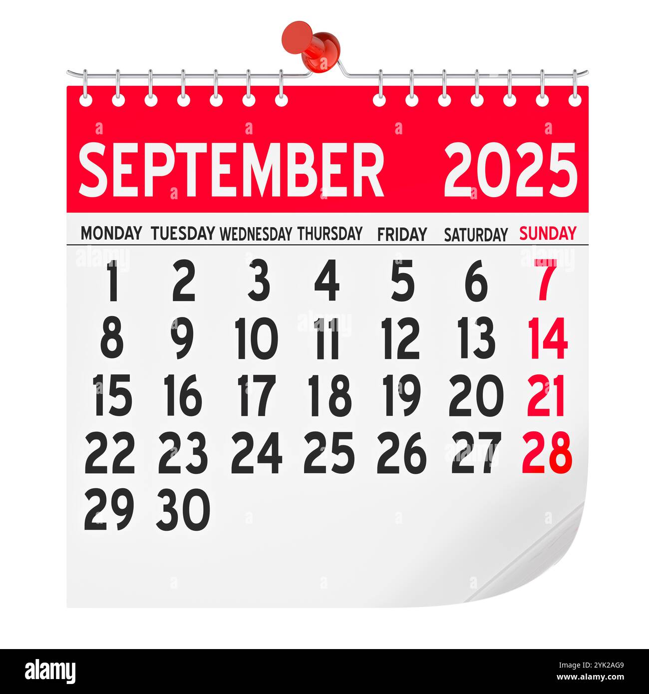 September 2025 Monthly Wall Calendar, 3D rendering isolated on white ...