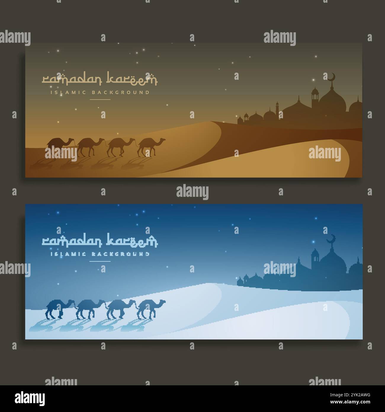 ramadan kareem islamic banners with camels and mosque Stock Vector ...