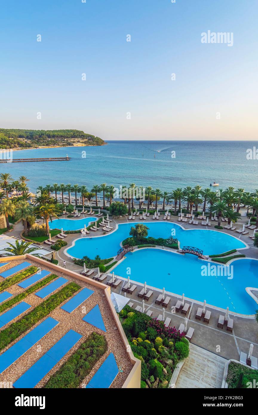 Pool area of a hotel resort in Greece at Cape Sani on the Greek ...